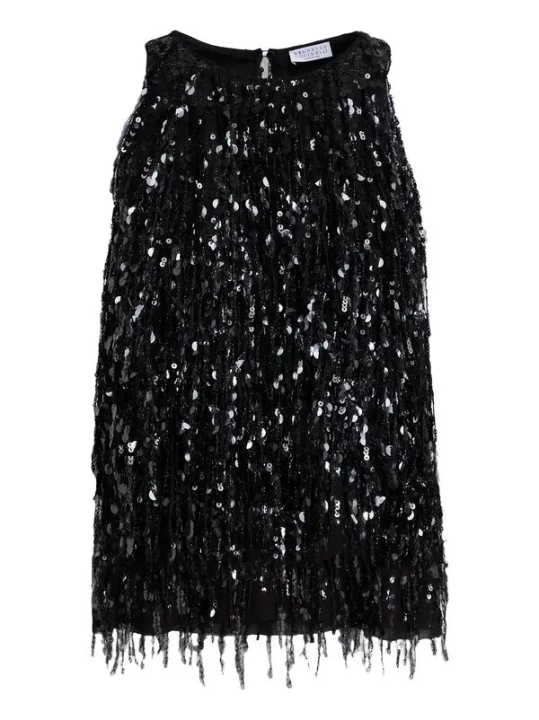 Brunello Cucinelli Fringed Sequin-embellished Silk-organza Top - Black