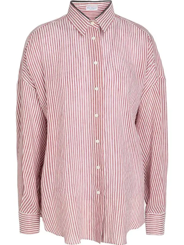 Brunello Cucinelli Striped Linen And Silk-blend Shirt - Burgundy
