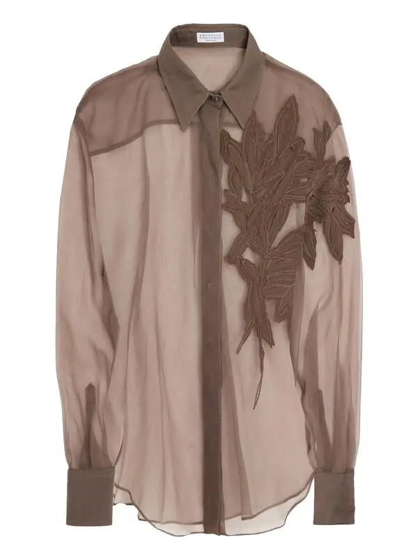 Brunello Cucinelli Appliquéd Silk-organza Shirt - Brown