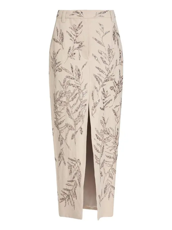 Brunello Cucinelli Embroidered Canvas Pencil Maxi Skirt - Beige