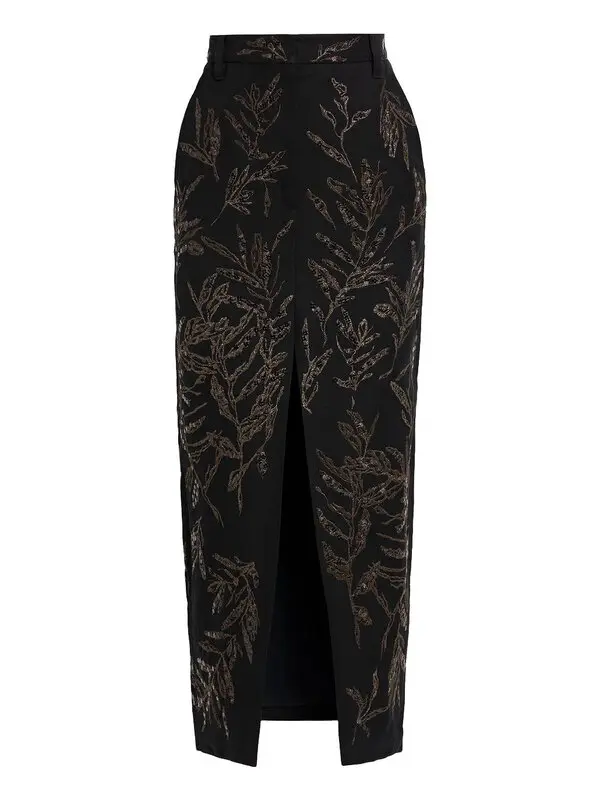 Brunello Cucinelli Embroidered Canvas Pencil Maxi Skirt - Black