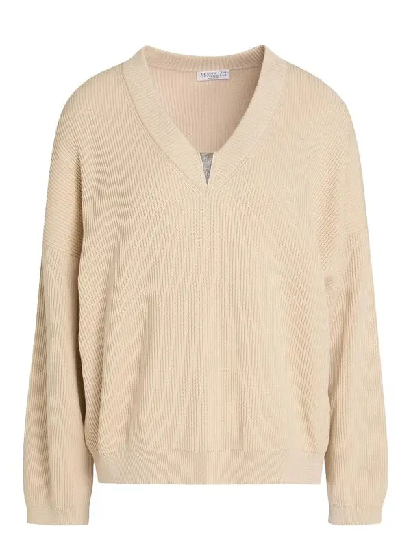 Brunello Cucinelli Bead-embellished Ribbed Cotton Sweater - Beige