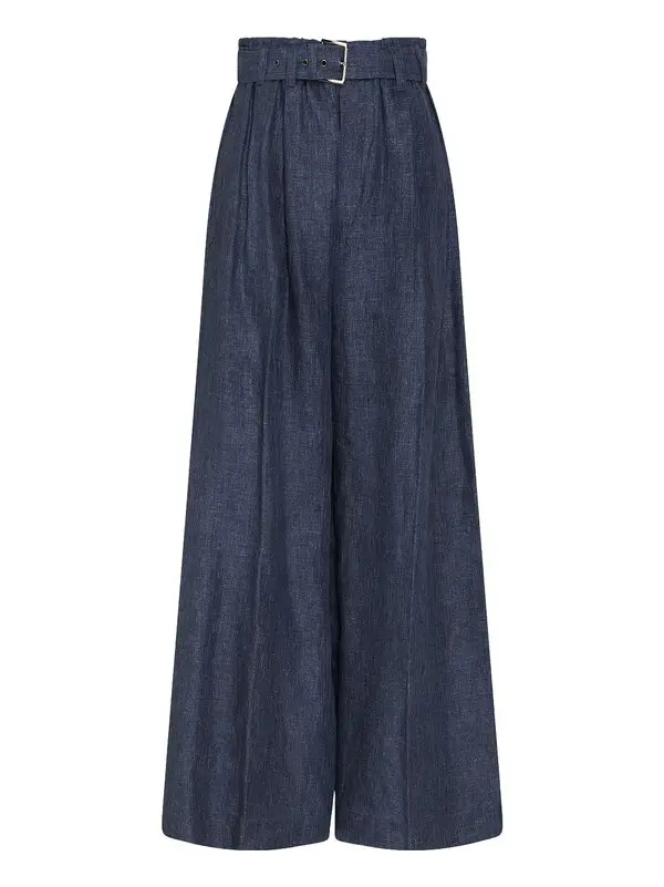 Brunello Cucinelli Belted Wide-leg Linen Pants - Storm Blue