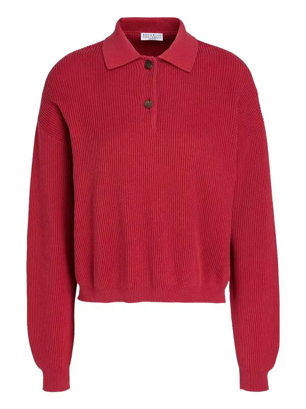 Brunello Cucinelli Ribbed Cotton Polo Sweater - Crimson