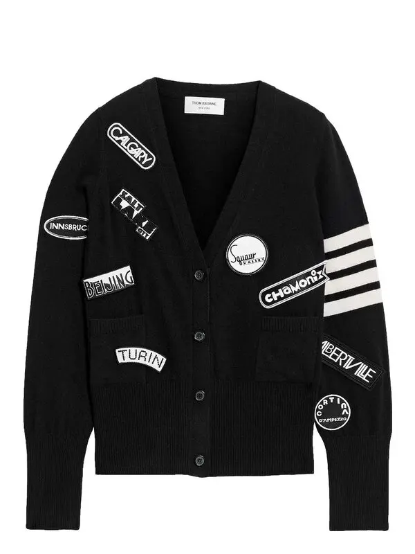 Thom Browne Appliquéd Striped Merino Wool Cardigan - Black
