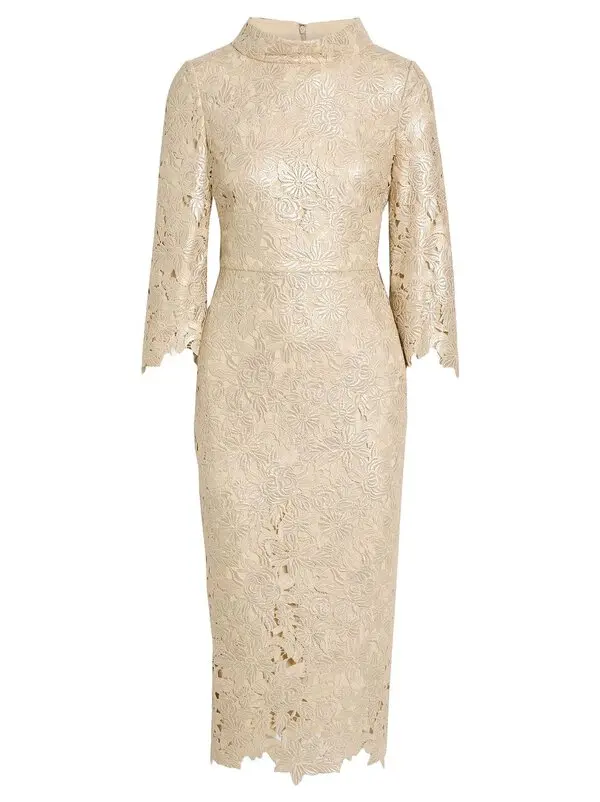 Badgley Mischka Metallic Guipure Lace Midi Dress - Gold