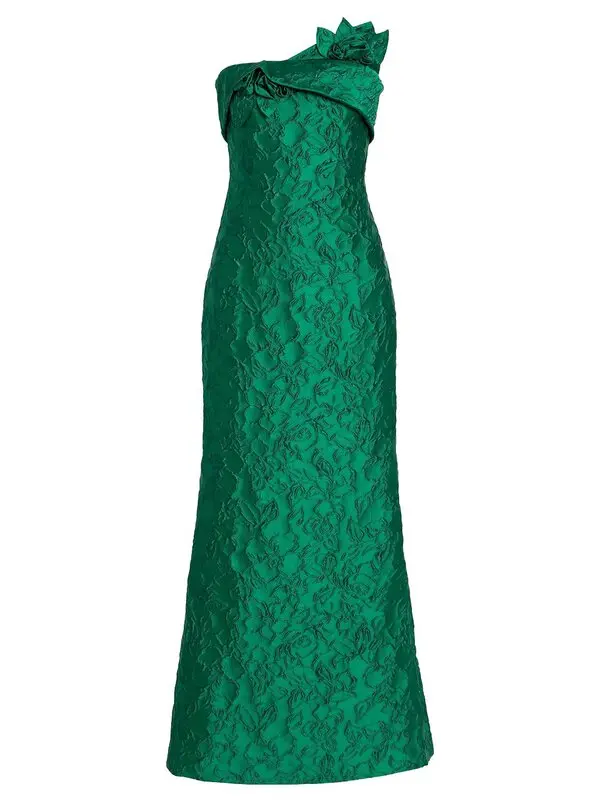 Badgley Mischka Strapless Floral-appliquéd Jacquard Gown - Green