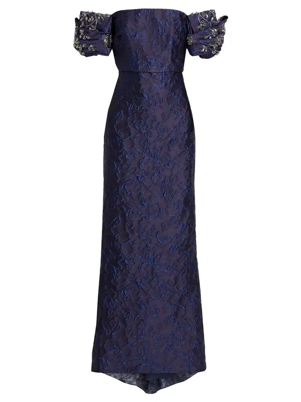 Badgley Mischka Off-the-shoulder Embellished Jacquard Gown - Navy