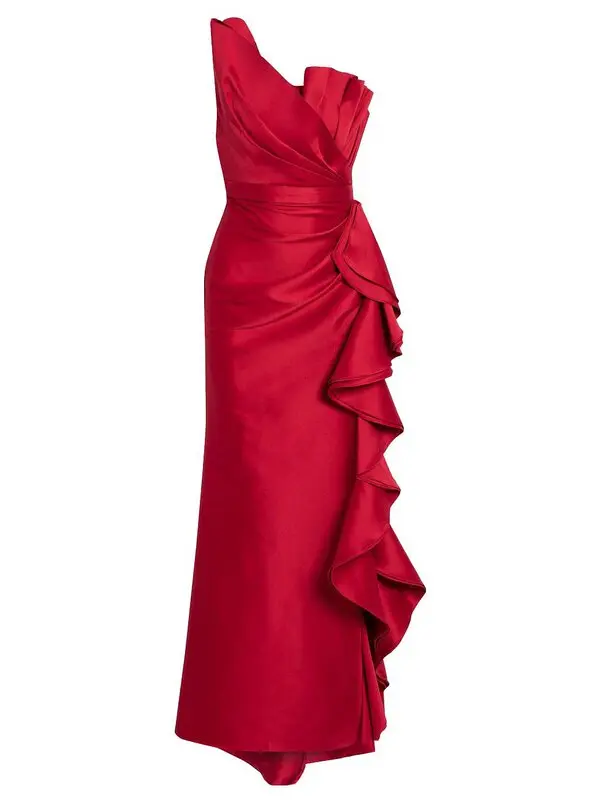 Badgley Mischka Strapless Ruffled Mikado Gown - Crimson