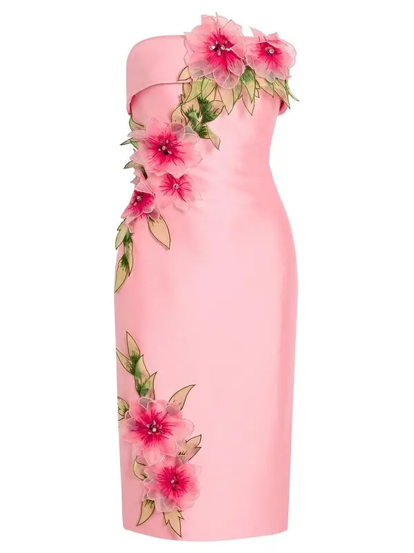 Badgley Mischka Strapless Floralappliquéd Satintwill Dress - Bubblegum