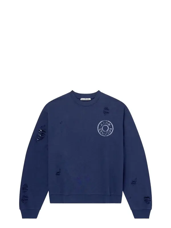 Acne Studios Franziska Oversized Distressed Logo-print Cotton-blend Jersey Sweatshirt - Blue