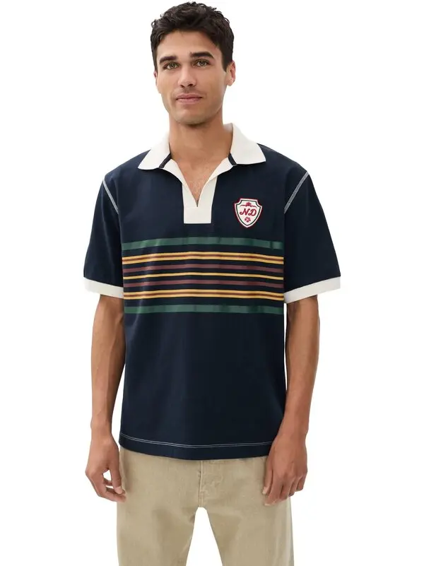 NICHOLAS DALEY Short Sleeve Striped Rugby Polo - Navy