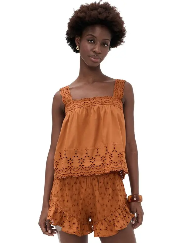 Playa Lucila Eyelet Embroidered Top - Tobacco