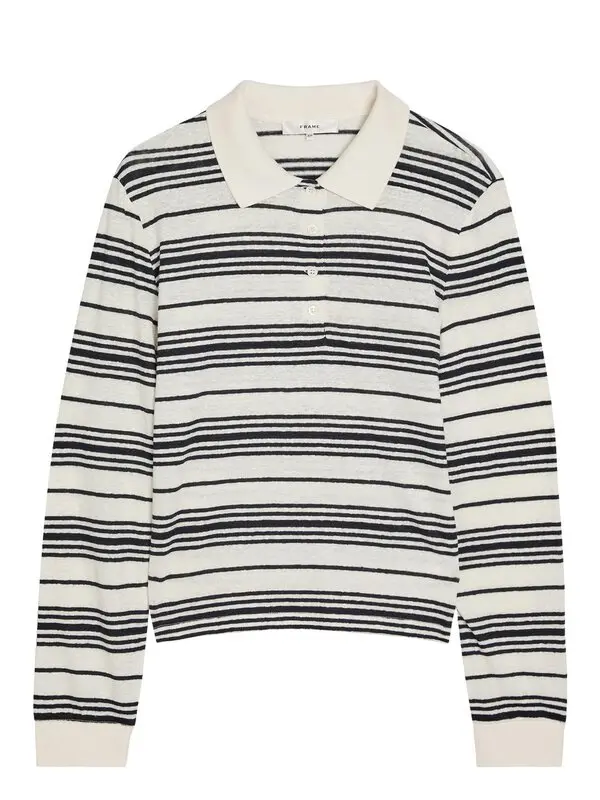 FRAME Striped Linen-blend Polo Top - White