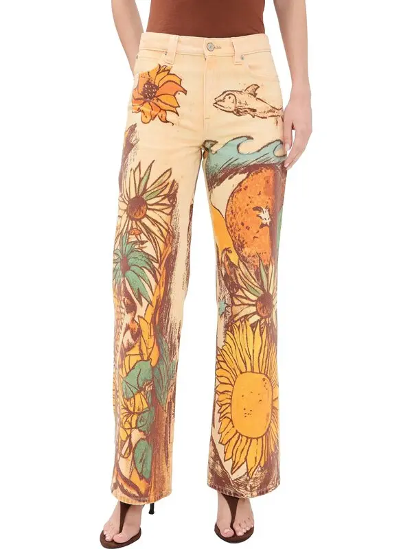 Free People Printed Straight Leg Jeans - Beach Scene