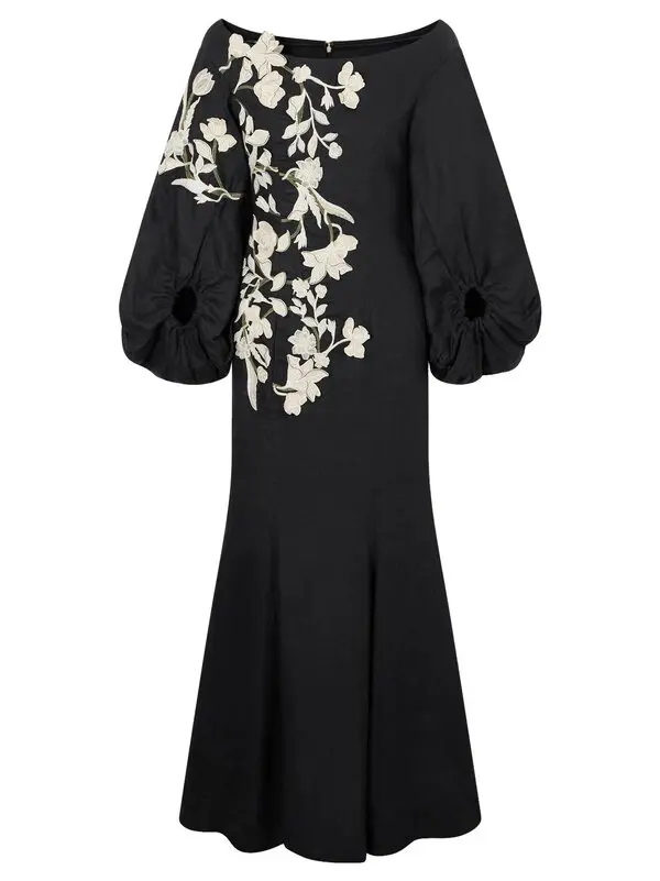 Agua Bendita Embroidered Linen Maxi Dress - Black