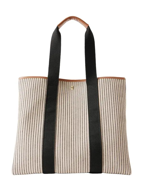 Rue De Verneuil Traversée Glacier Large Striped Webbing And Leather-trimmed Canvas Tote - Neutrals