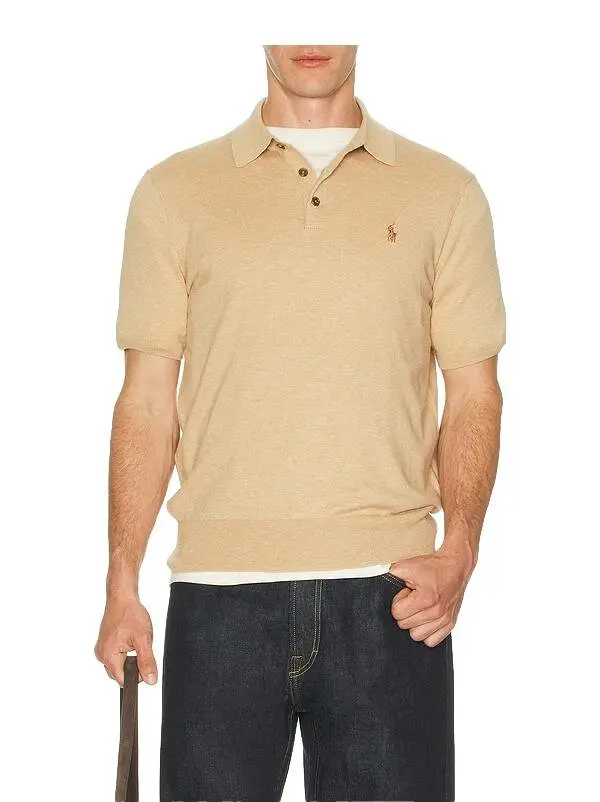 Polo Ralph Lauren Short Sleeve Cotton Placket Pullover Sweater - Camel Melange