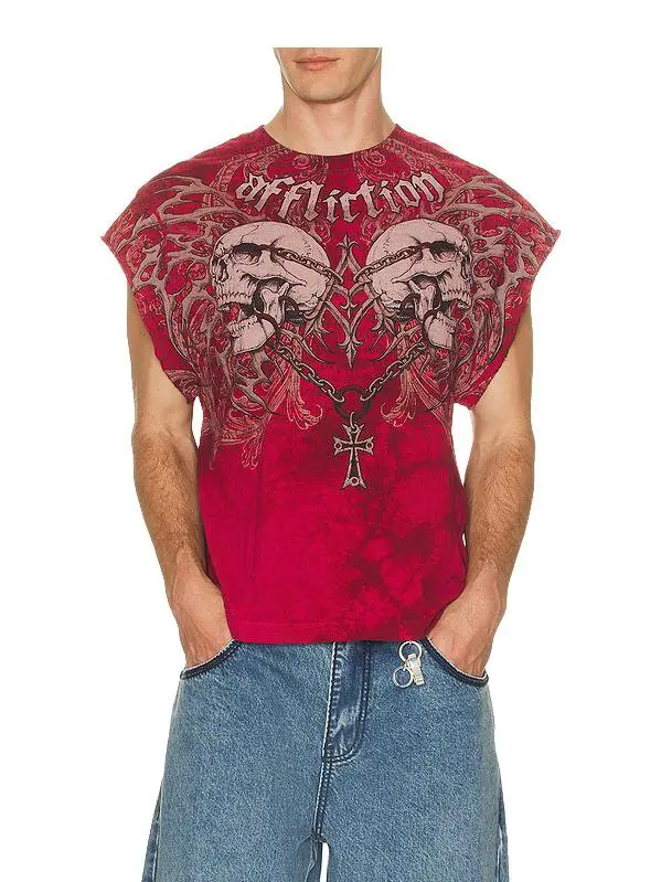 AFFLICTION Collapse Muscle Tee In Red - Dirty Red & Dark Dirty Red Crystal