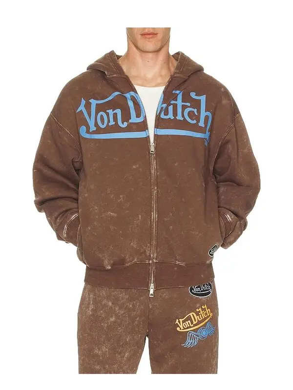 VON DUTCH Oversized Washed Zip Hoodie - Sepia Stone Mineral Wash