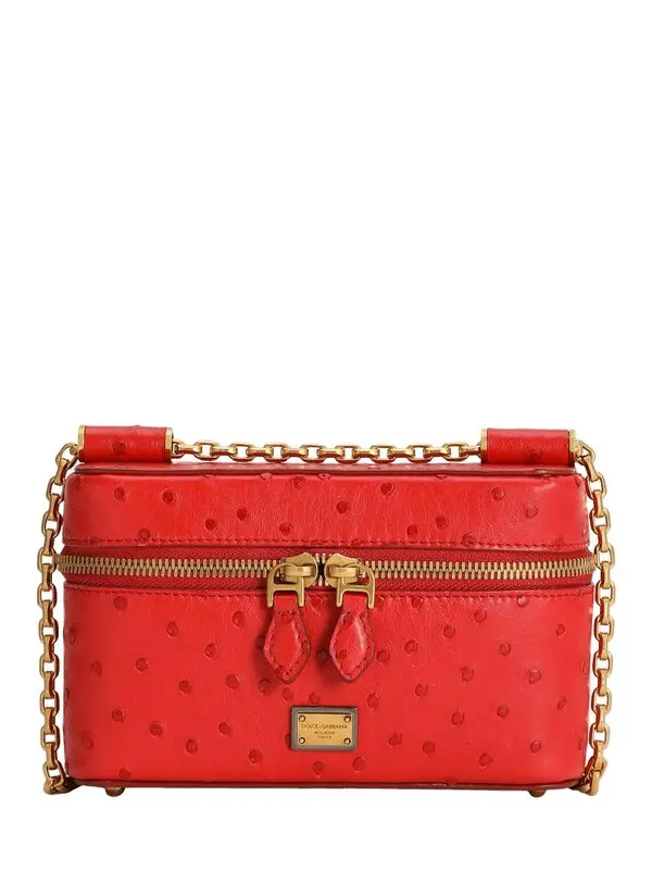 Dolce & Gabbana Sicily Small Shoulder Bag In Polished Ostrich Leather - Red