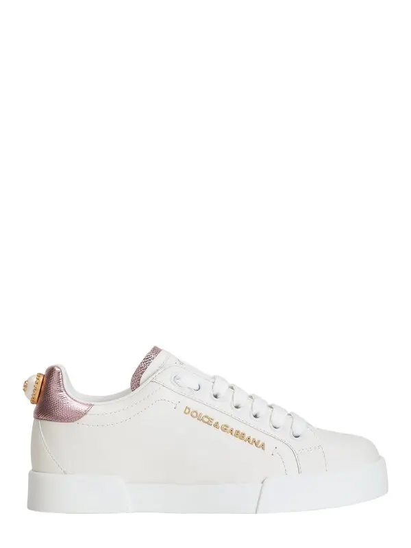 Dolce & Gabbana Portofino Sneakers In Nappa Calfskin With Lettering - White/pink