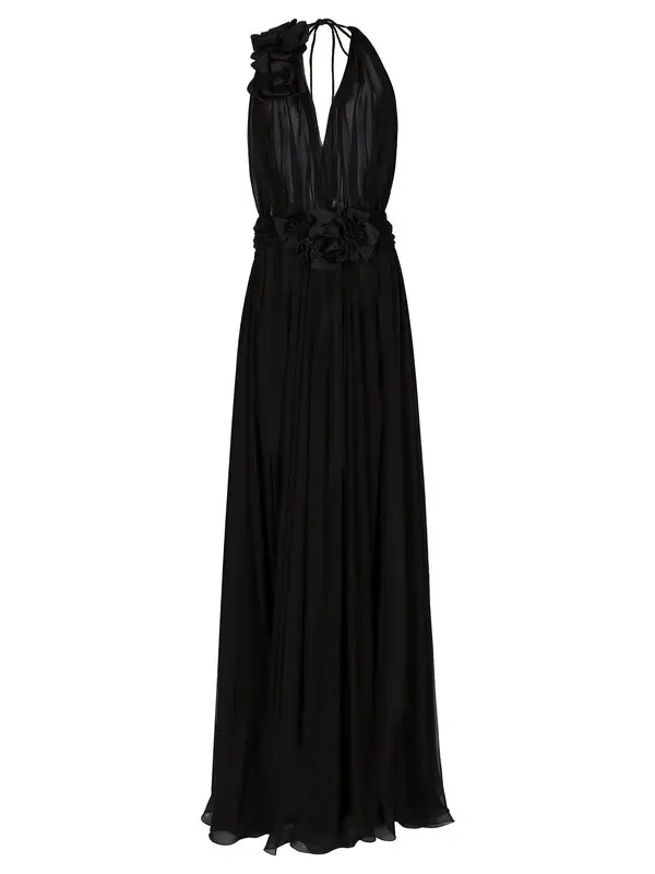 Dolce & Gabbana Long Silk Chiffon Dress With Floral Appliqu - Black