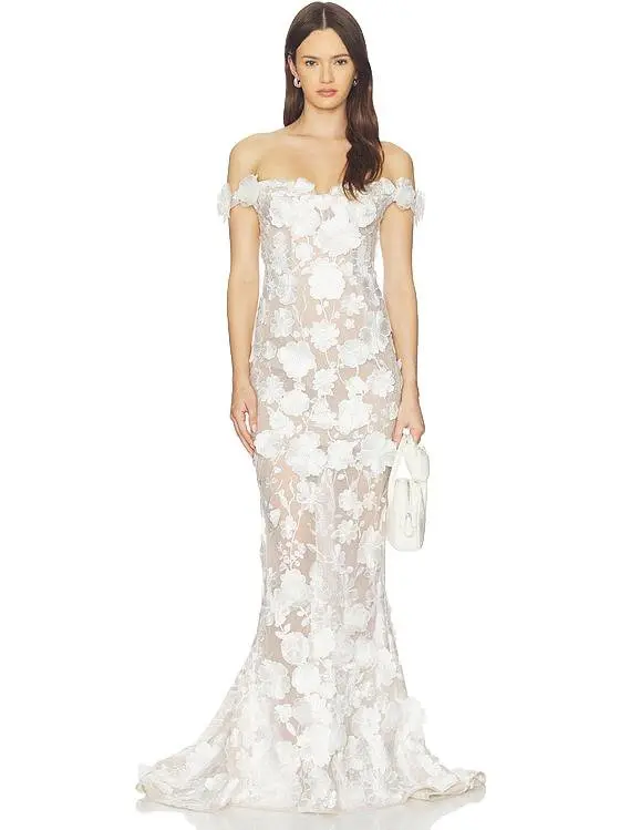 BRONX AND BRONCO Jasmine Floral Off The Shoulder Gown - White