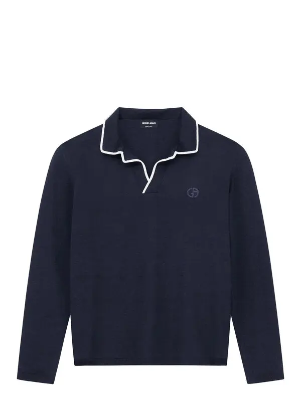 Giorgio Armani Linen And Silk Blend Knit Polo Shirt - Navy Blue