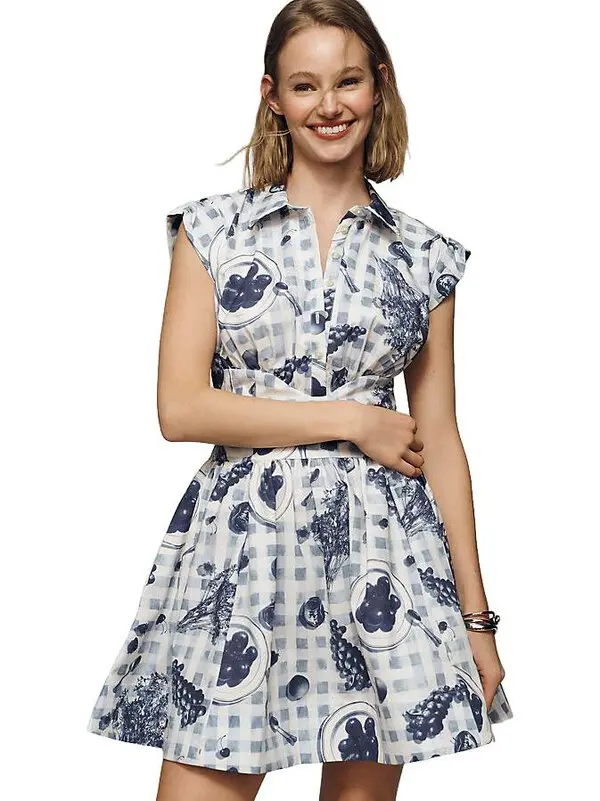 Maeve Cap-sleeve Waisted Mini Shirt Dress - Blue Pattern