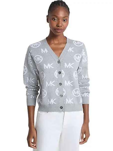 Michael Kors Logo Jacquard Cotton Blend Cardigan - Grey