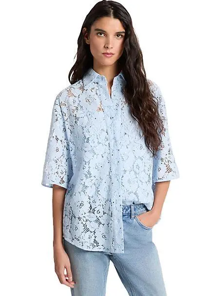 Michael Kors Studded Corded Floral Lace Shirt - Blue