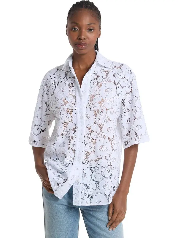Michael Kors Studded Corded Floral Lace Shirt - White