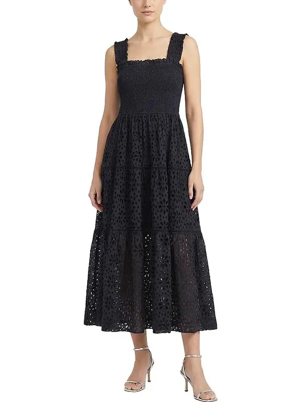 CHANGE OF SCENERY Kristen Sleeveless Smocked Eyelet Midi Dress - Black Seaside Eyelet