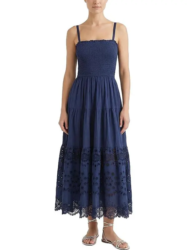 CHANGE OF SCENERY Kristen Smocked Embroidered Midi Dress - Navy Calypso Eyelet
