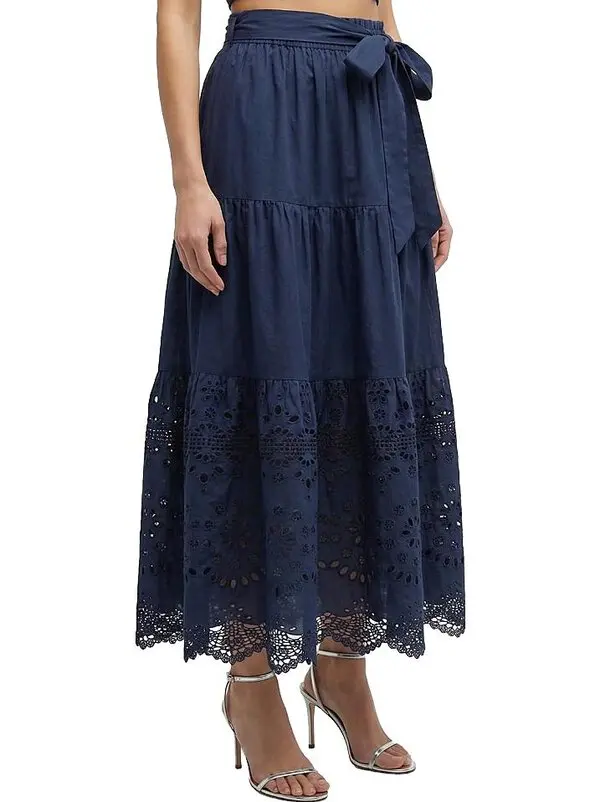 CHANGE OF SCENERY Jenni Tiered Belted Eyelet Smock Waist Skirt - Navy Calypso Eyelet