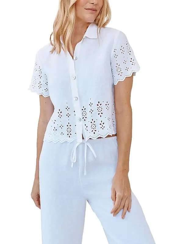Bella Dahl Short Sleeve Embroidered Button Down Top - White