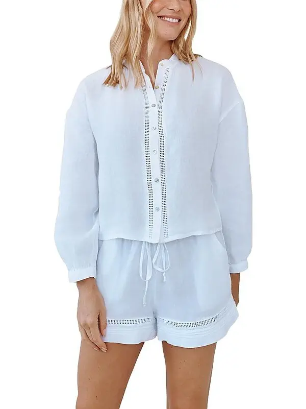 Bella Dahl Mandarin Collar Trimmed Button Down Shirt - White