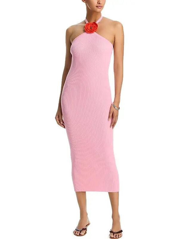 Aqua Asymmetric Neck Rosette Trim Dress - Pink