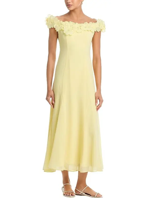 Aqua Applique Floral Off-the-shoulder Midi Dress - Butter Yellow