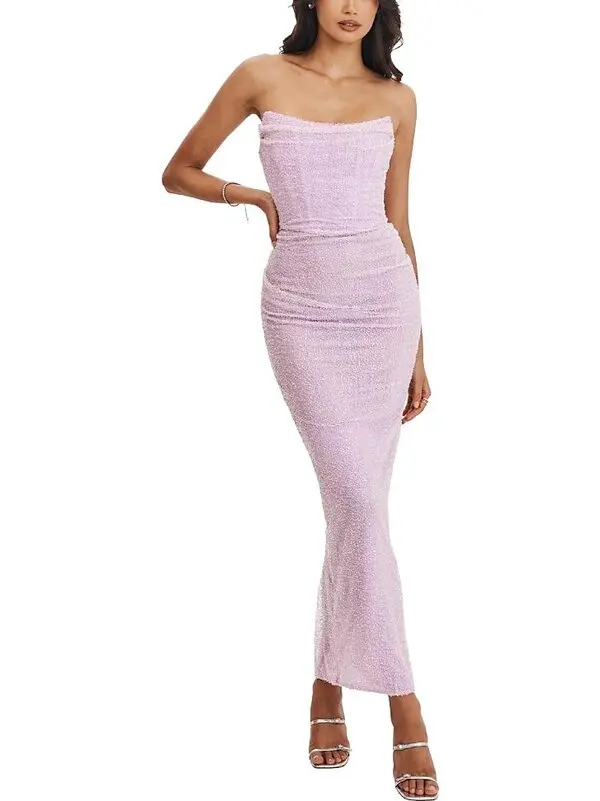MISS CIRCLE Raylee Beaded Mesh Strapless Sheath Maxi Dress - Lilac