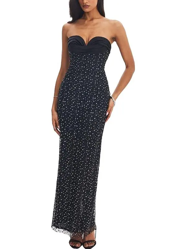 MISS CIRCLE NEW YORK Satin And Crystal Mesh Sheath Maxi Dress - Black
