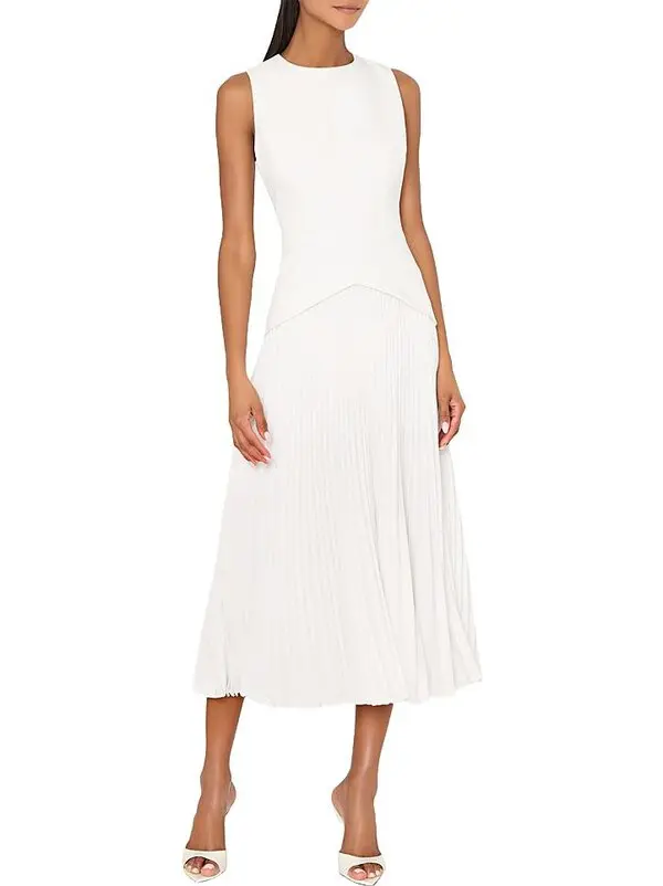 MILLY Haddy Pleated Midi Dress - Ecru
