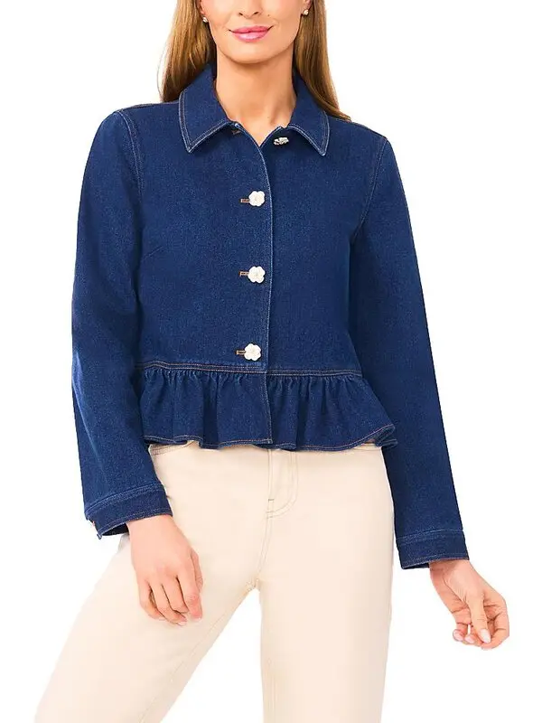 CECE DUPRAZ Long Sleeve Collared Peplum Denim Jacket - Mid Indigo