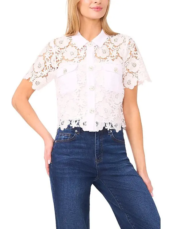 CECE DUPRAZ Patch Pocket Short Sleeve Button Down Blouse - Ultra White