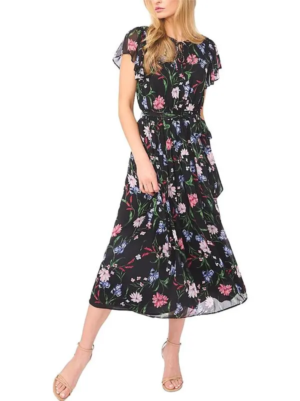 CECE DUPRAZ Ruffle Short Sleeve Keyhole Tie Waist Dress - Rich Black