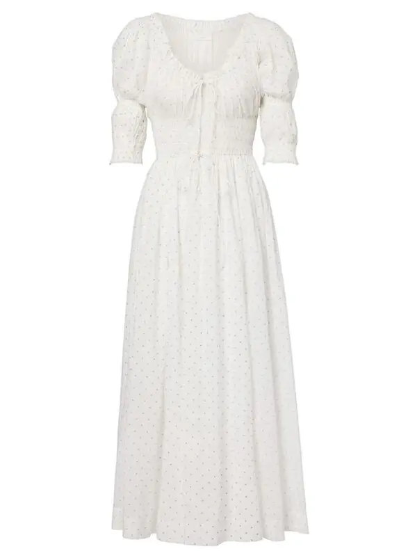 DÔEN Ischia Gathered Polka-dot Cotton Midi Dress - White