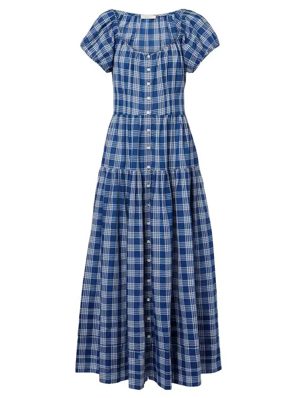 DÔEN Valenne Checked Cotton Midi Dress - Blue