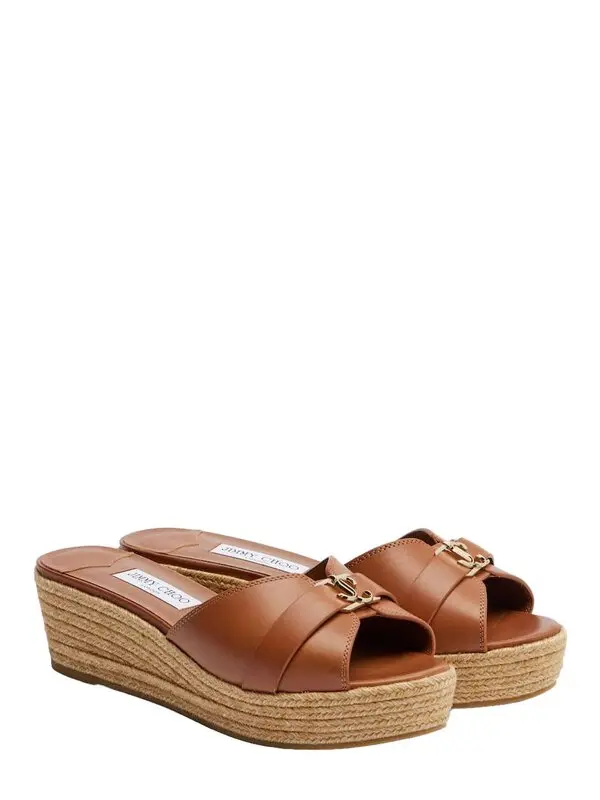 JIMMY CHOO Leda Leather Espadrille Wedges - Brown