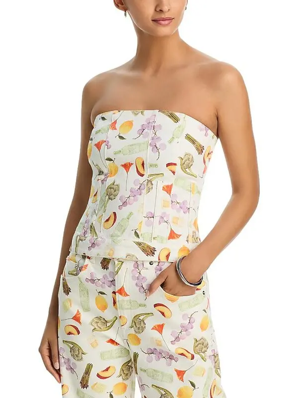 Aqua Printed Denim Strapless Top - Fruit Print
